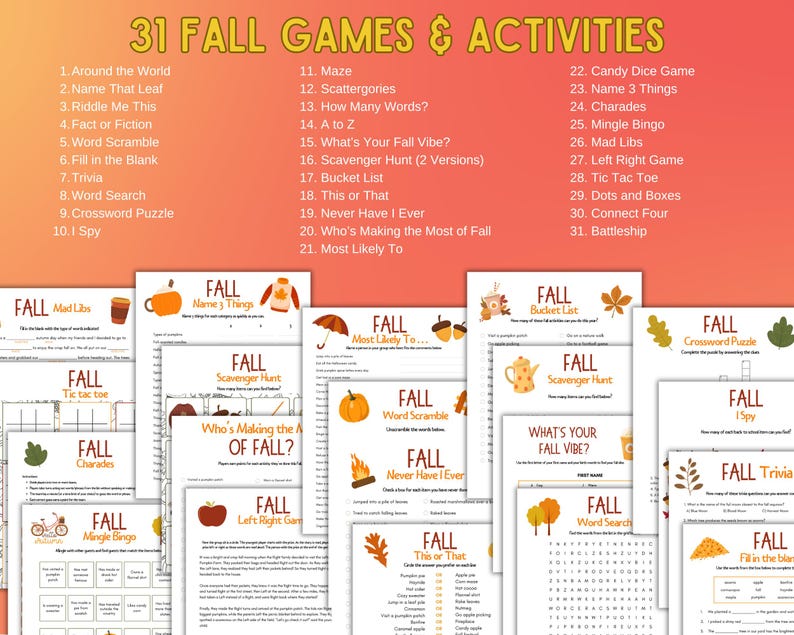 Printable Fall Game Pack Fun Autumn Activities for Kids and Families ...