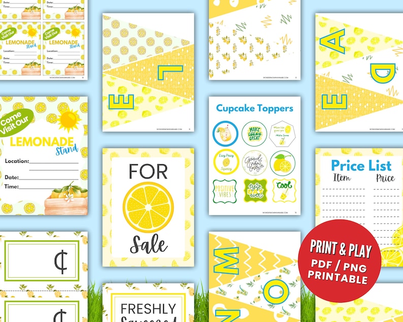 Printable Lemonade Stand Kit: Pretend Play Set, Signs, Invitations (PDF ...