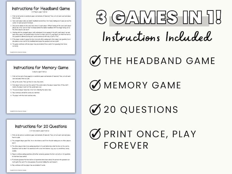 Printable Game Cards: Headband Game, Memory, 20 Questions (digital ...