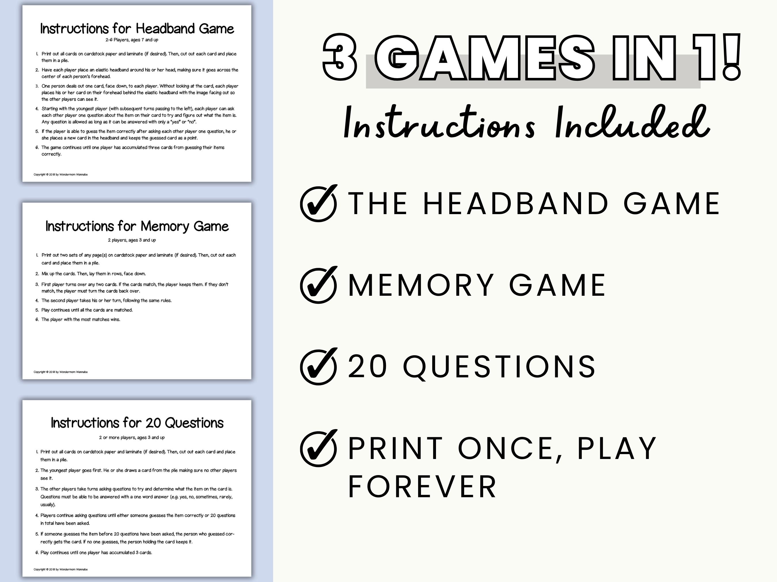 Printable Game Cards: Headband Game, Memory, 20 Questions (digital ...