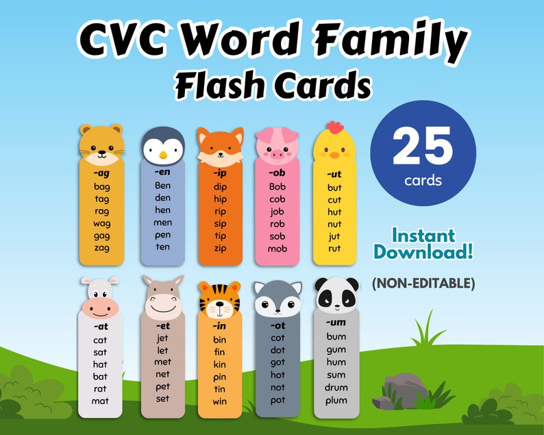 Animal CVC Word Family Flashcards: Phonics Cards, Preschool Printable ...