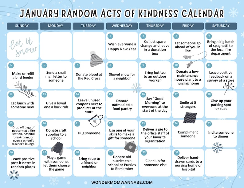 2025 Printable Monthly Kindness Calendars - Etsy