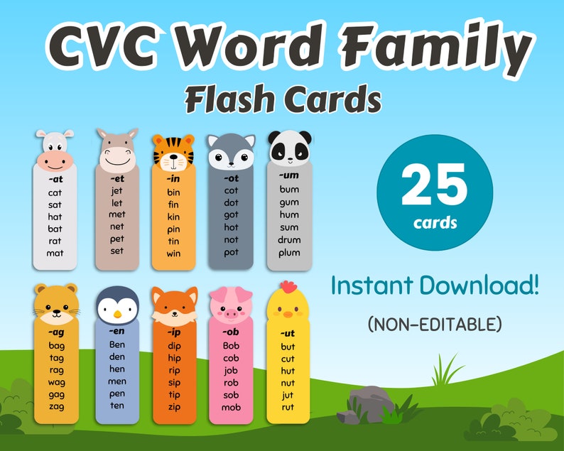 Animal CVC Word Family Flashcards: Phonics Cards, Preschool Printable ...