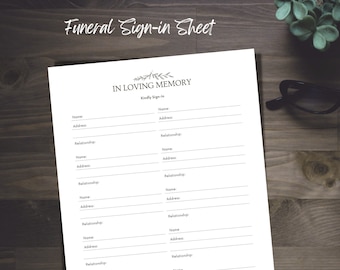 Funeral Sign in Sheet Printable Funeral Guest Check in Sheet Printable Modern Leaf Design ...