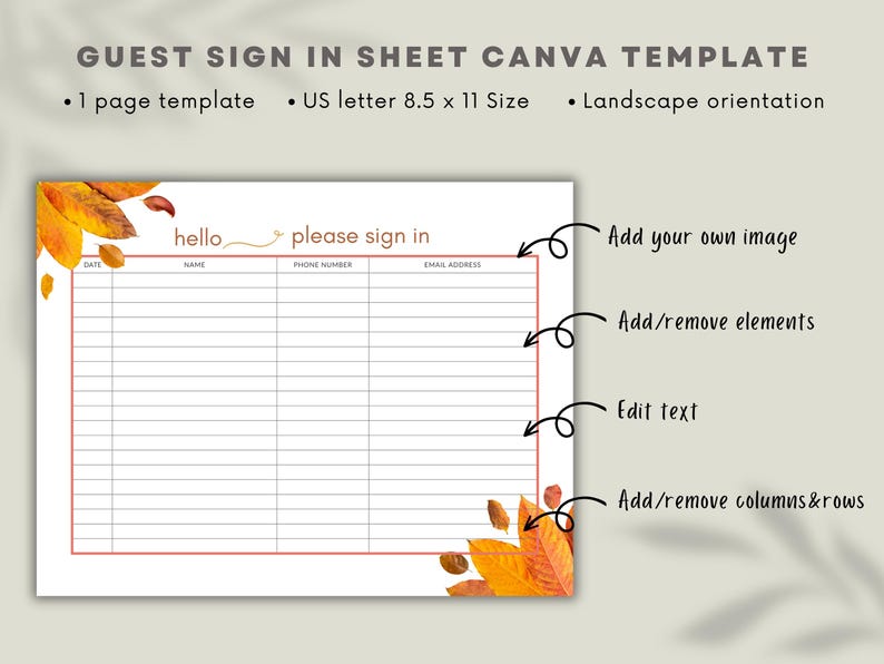 Guest Sign-in Sheet Template Fall Theme Canva Sign in Sheet Editable ...