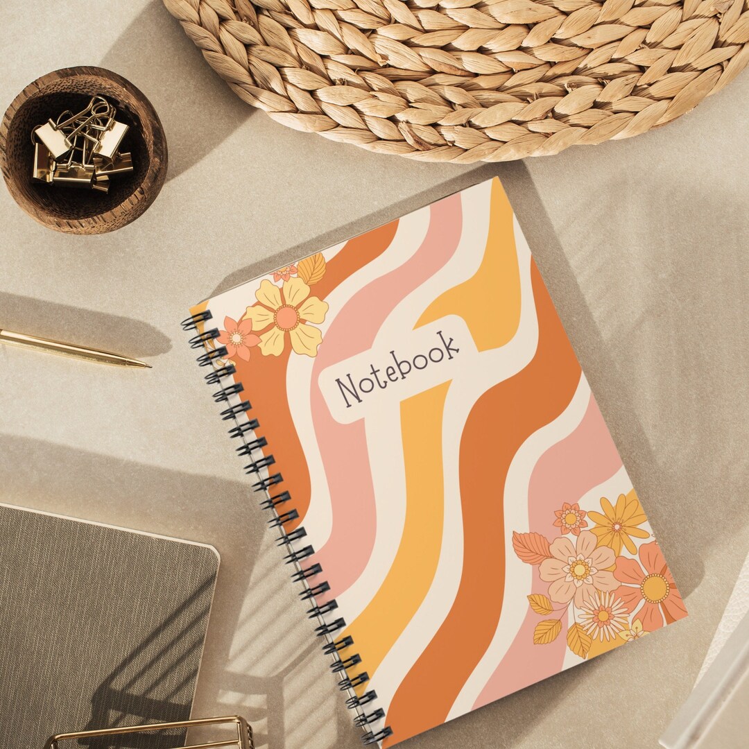 Retro Wavy Design Spiral Notebook Ruled Line 6x8 Notebook Floral Design ...
