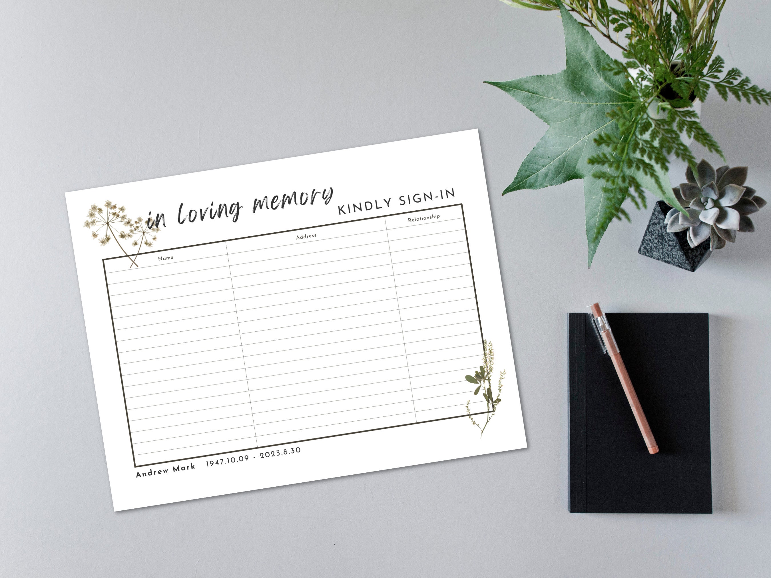 Funeral Guest Sign-in Sheet Template: Editable Canva Insert (digital ...