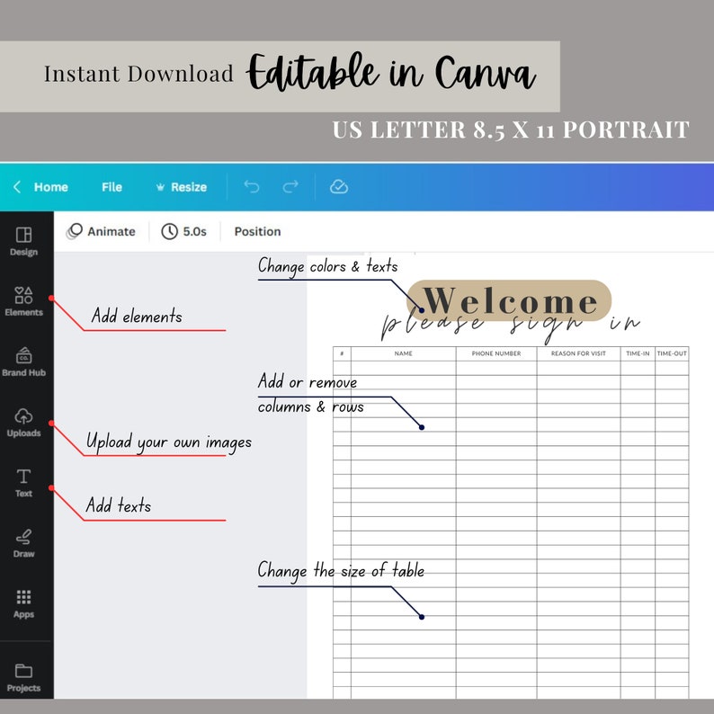 Visitor Sign-in Sheet Template in Canva Guest Sign in Sheet Editable ...