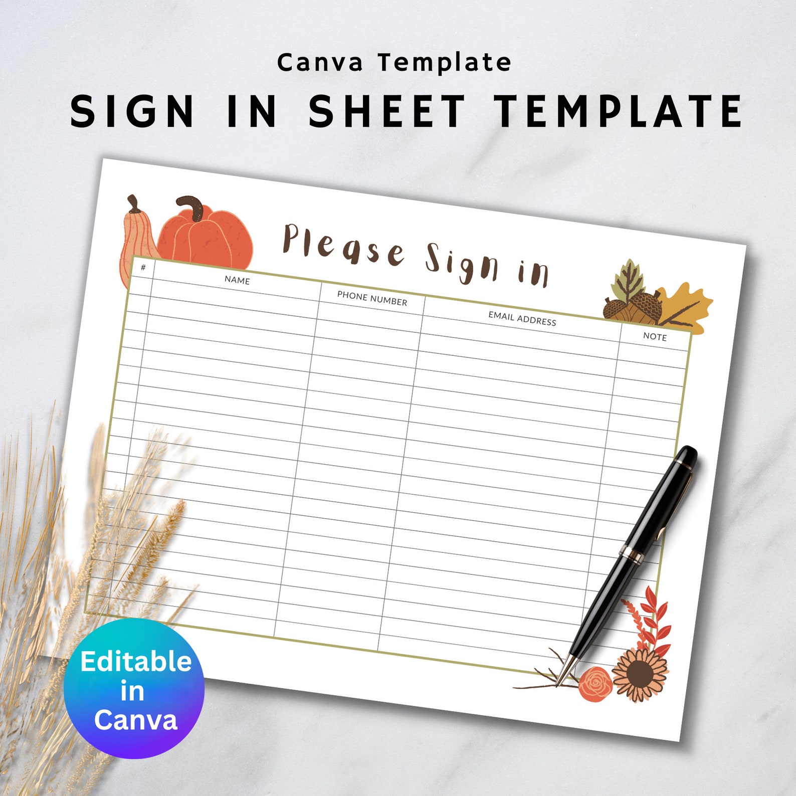 Fall Theme Sign-in Sheet Template Canva Sign in Sheet Editable Template ...