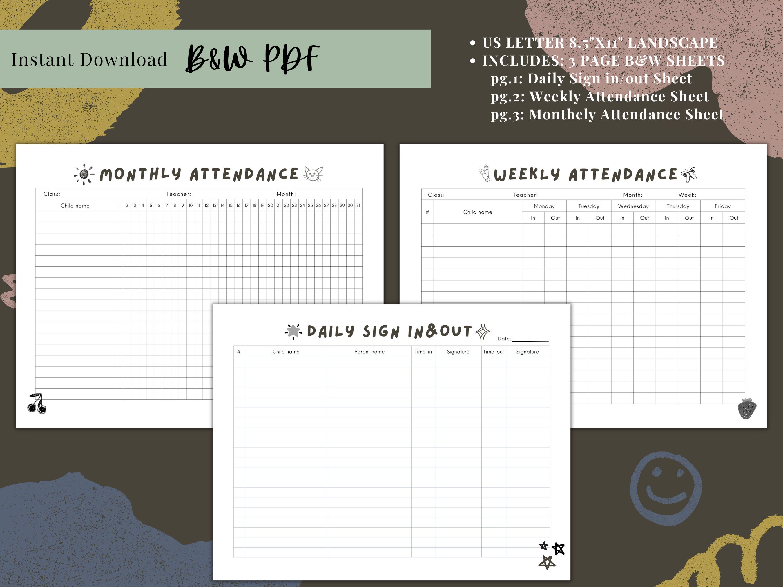 Daycare Sign in and Out Sheet Bundle Daycare Weekly Attendance - Etsy ...