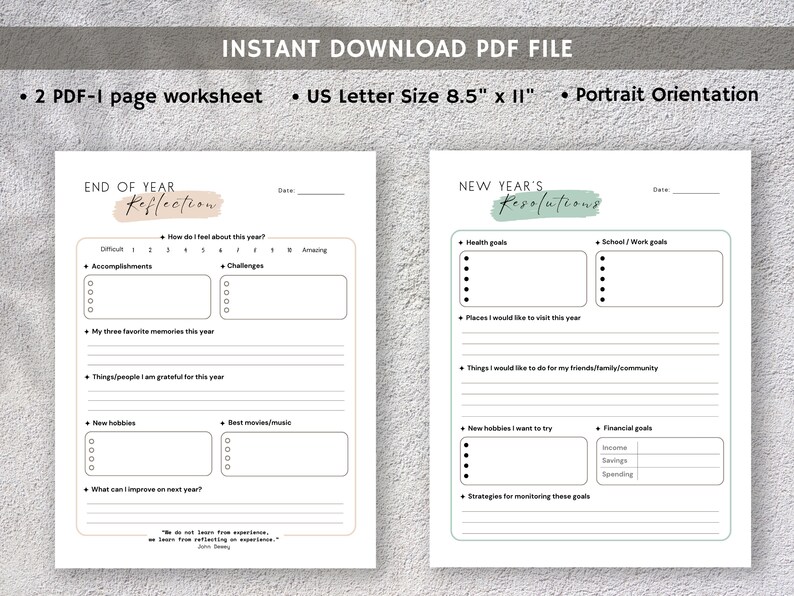 Year in Review New Year's Resolution Worksheet Bundle Instant Download ...