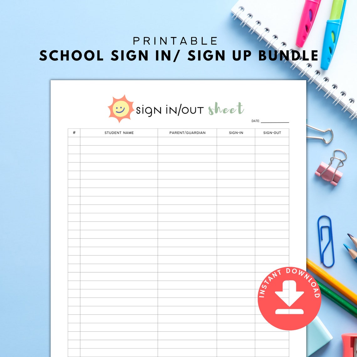 School Sign in and Out Sheet Printable Volunteer Sign up Sheet Snack ...