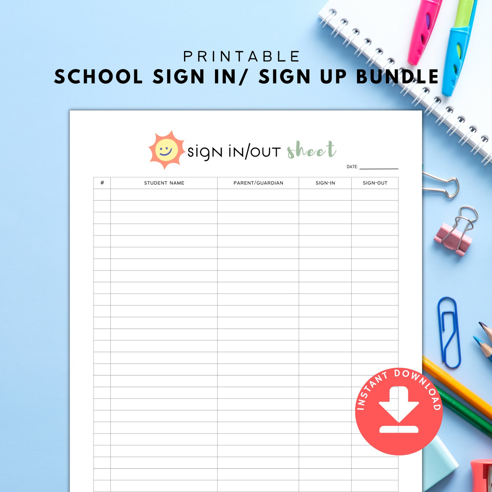 School Sign in and Out Sheet Printable Volunteer Sign up Sheet Snack ...