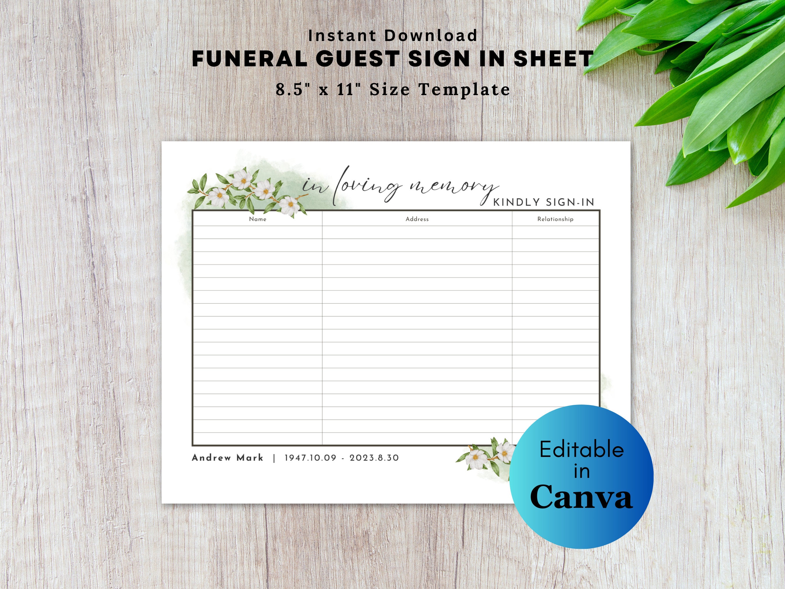 Funeral Guest Sign in Sheet Template Canva Funeral Guest Book Insert ...