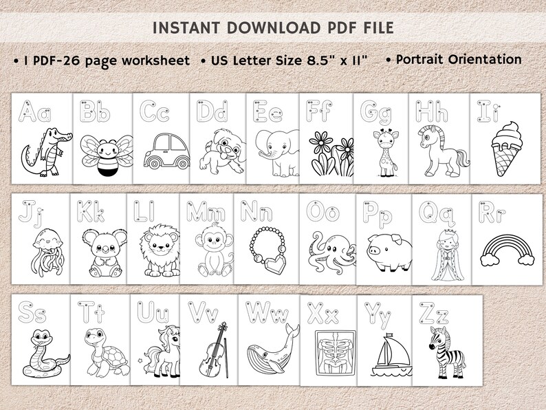Alphabet Coloring Page Printable Bundle 26 Page Alphabet Tracing ...