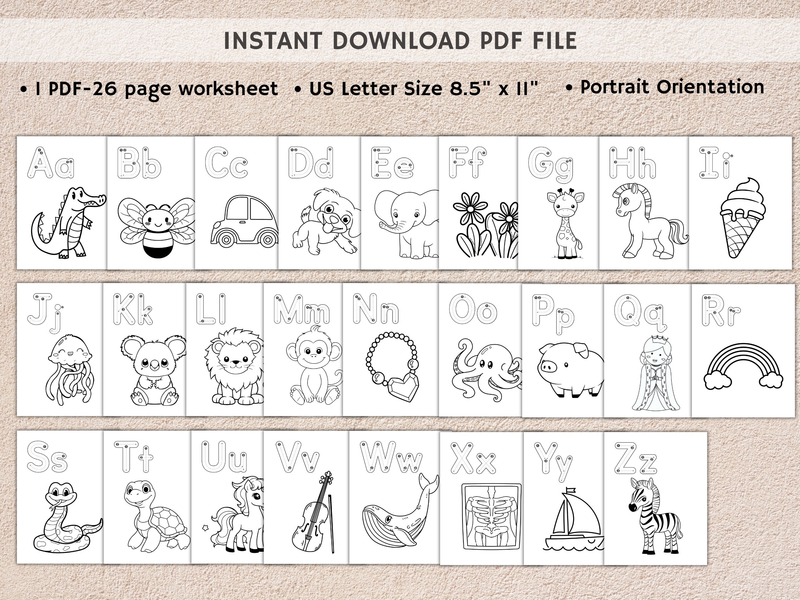Alphabet Coloring Page Printable Bundle 26 Page Alphabet Tracing ...