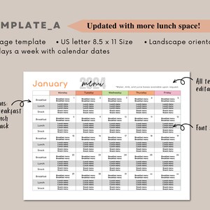 Daycare Monthly Meal Menu Template: Editable Calendar (canva Digital ...