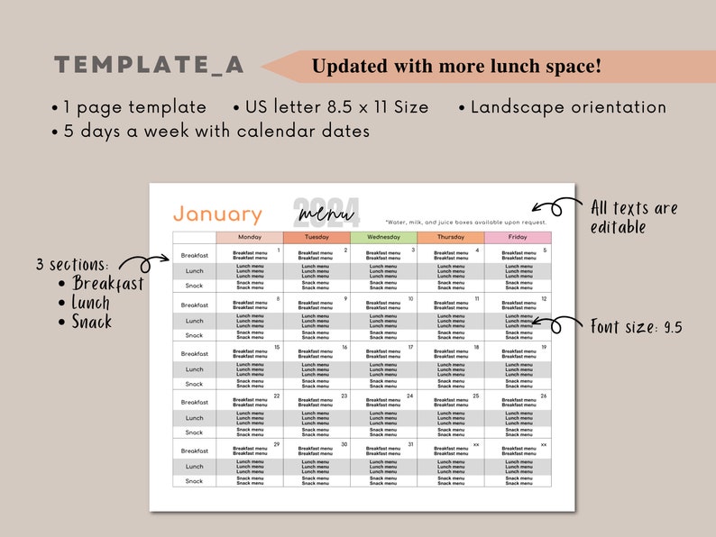Daycare Monthly Meal Menu Template: Editable Calendar (canva Digital ...