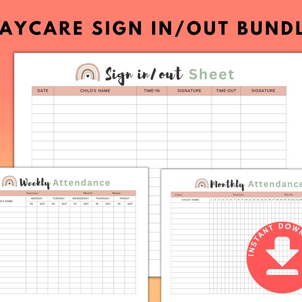 Monthly Daycare Sign in and Out Sheets - Etsy