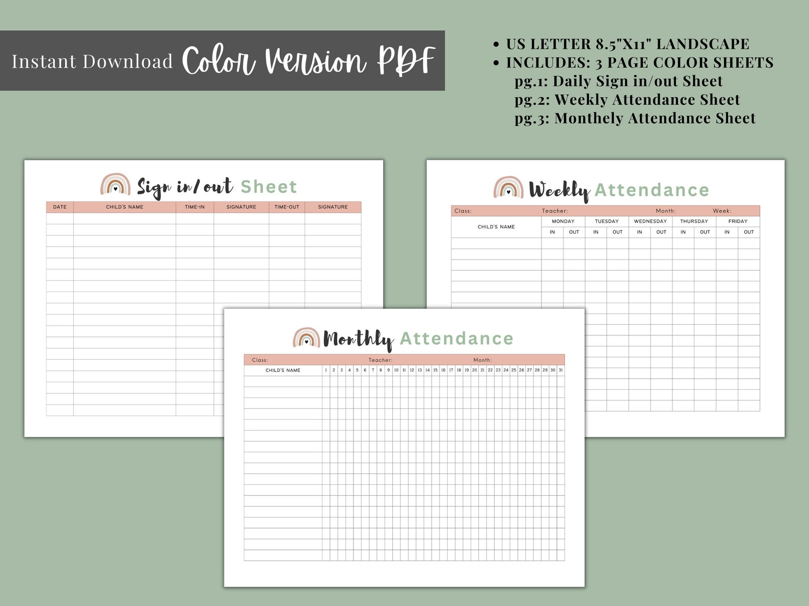 Daycare Sign in and Out Sheet Child Care Sign in Bundle Weekly ...