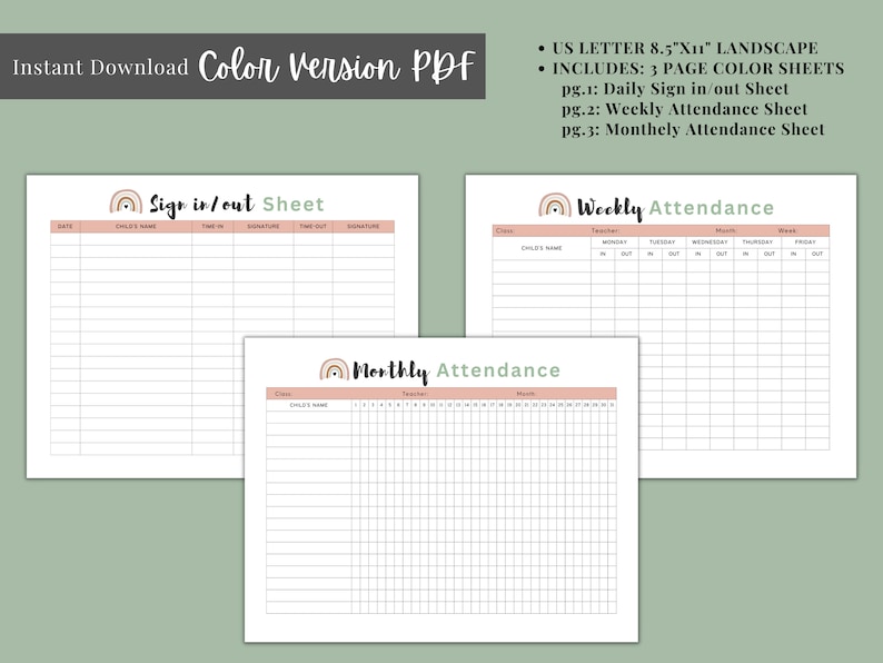 Daycare Sign in and Out Sheet Child Care Sign in Bundle Weekly ...