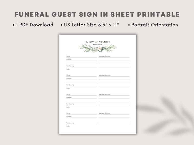 Floral Funeral Guest Sign-in Sheet Printable (PDF Download) - Etsy