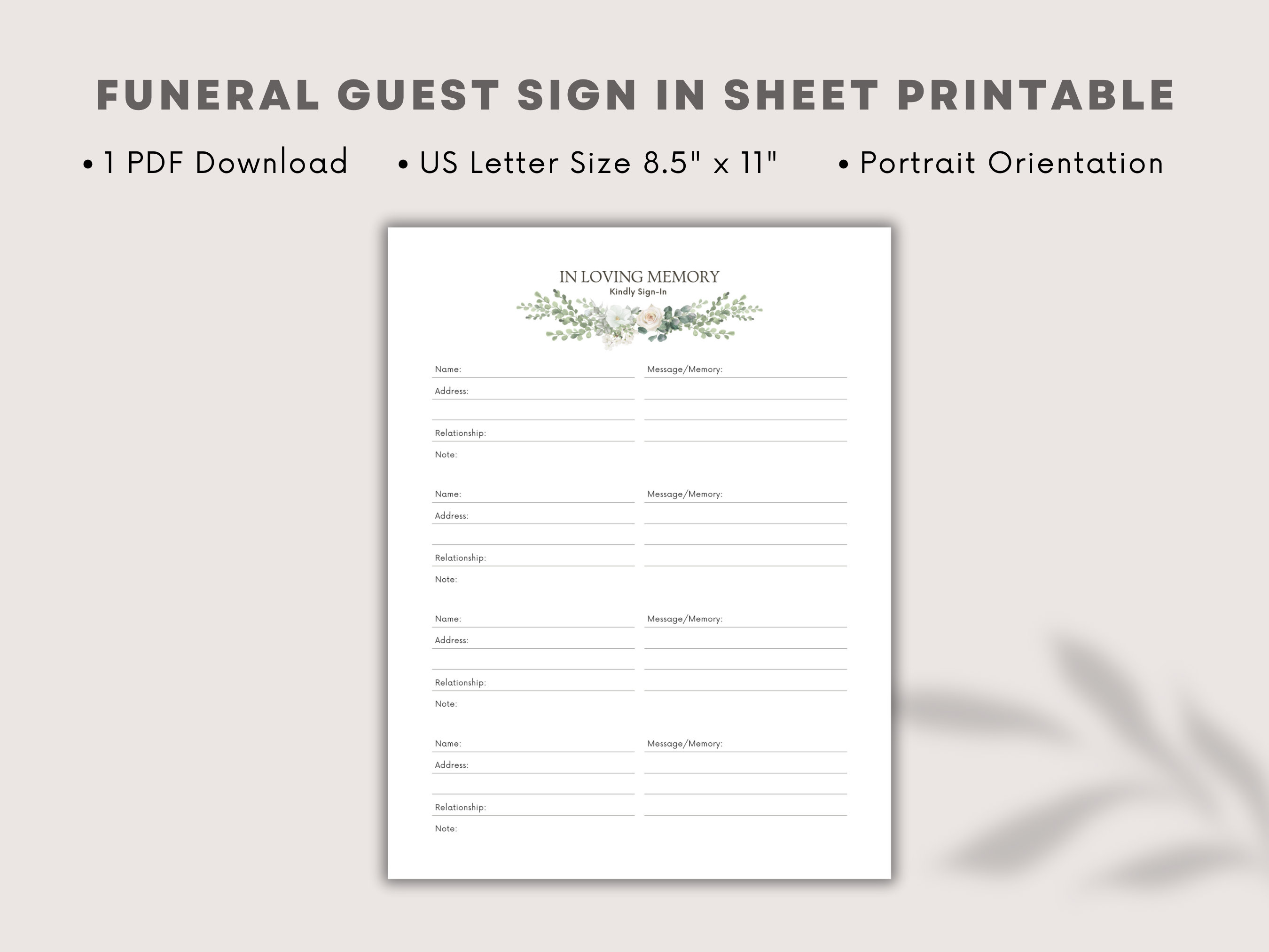 Floral Funeral Guest Sign-in Sheet Printable (PDF Download) - Etsy