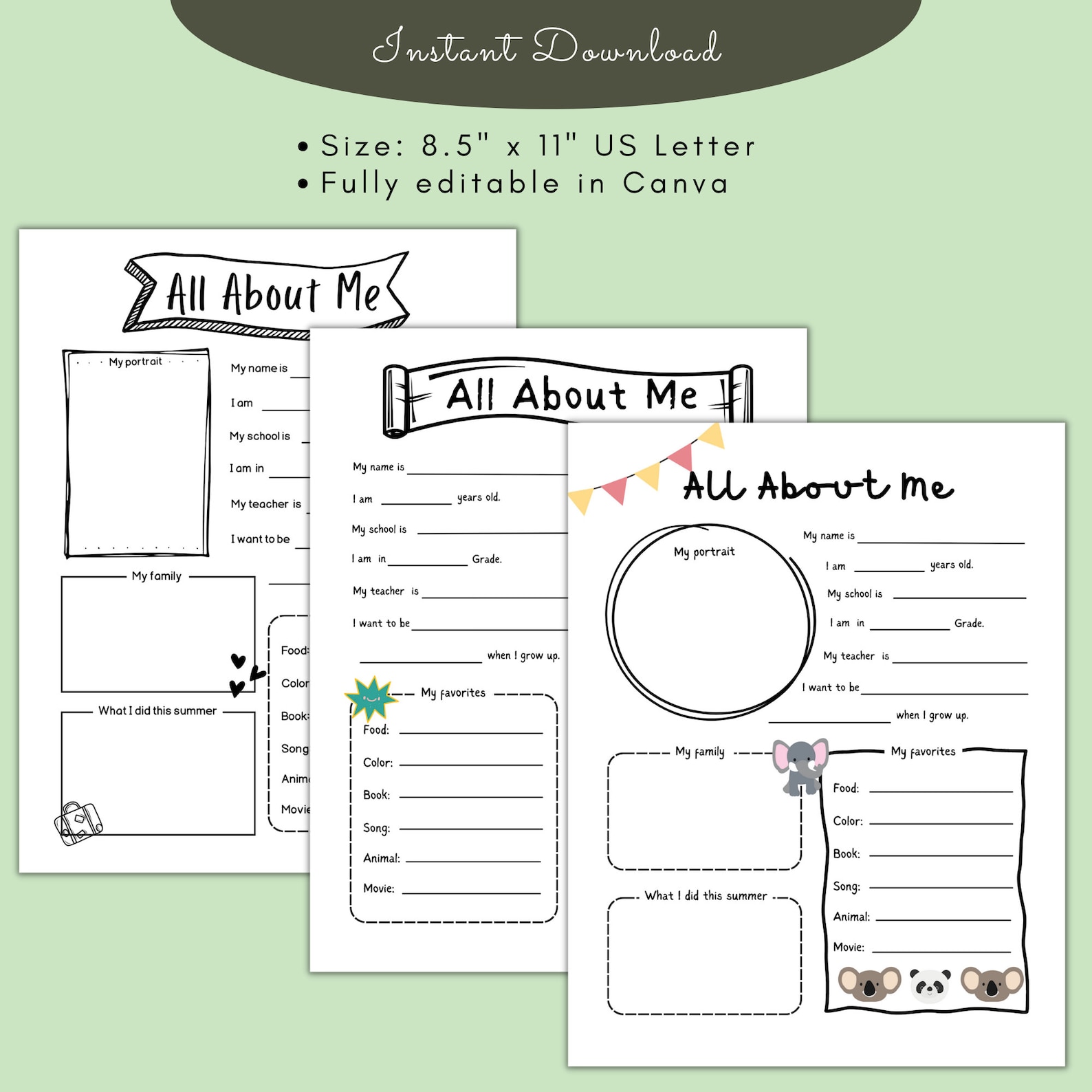All About Me Template Bundle Back to School Activity Sheet Template ...
