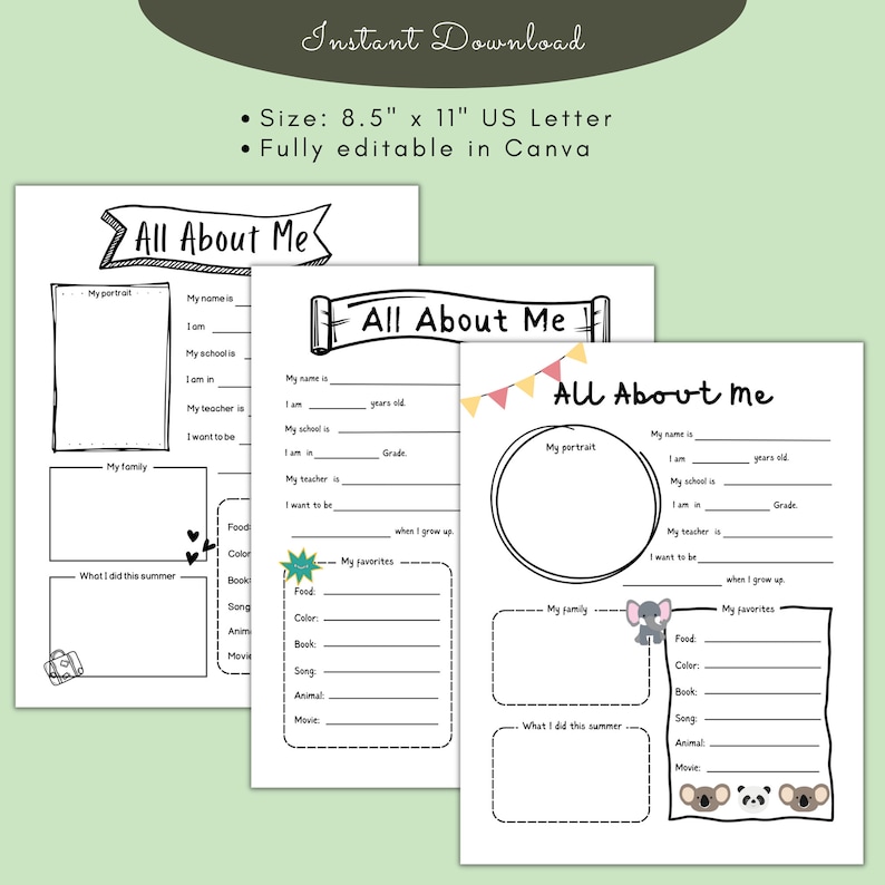 All About Me Template Bundle Back to School Activity Sheet Template ...
