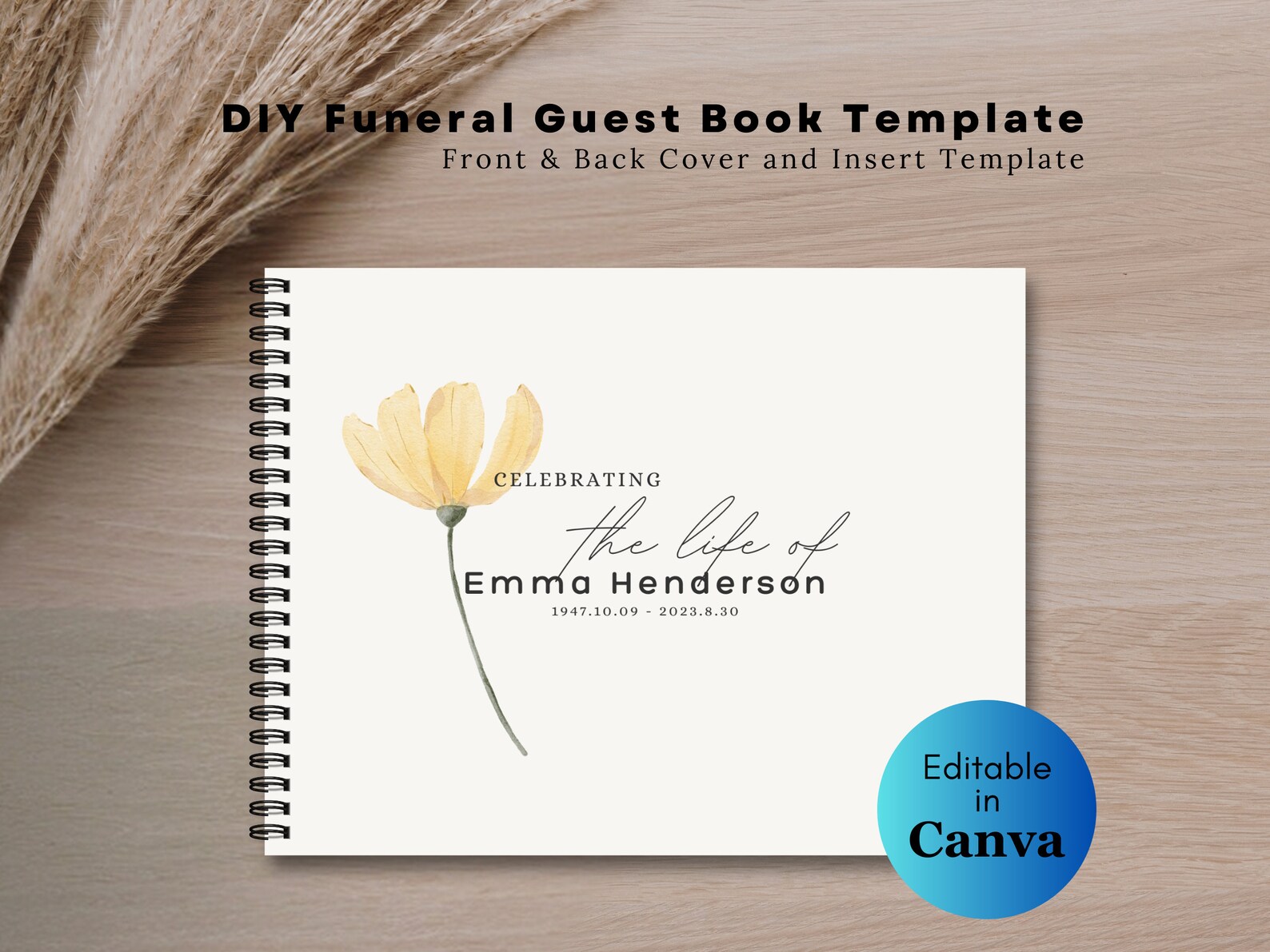 Funeral Guest Book Template DIY Funeral Sign in Book Editable Canva ...