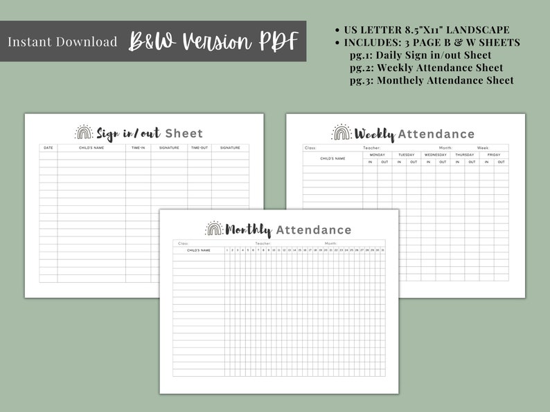 Daycare Sign in and Out Sheet Child Care Sign in Bundle Weekly ...