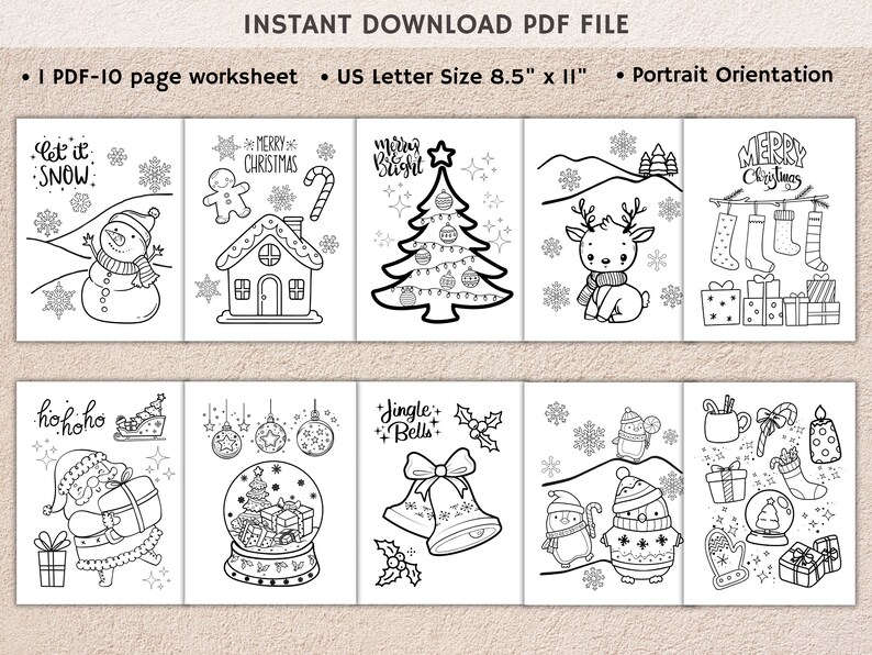 Christmas Coloring Page Printable Bundle 10 Page Holiday Coloring Page ...