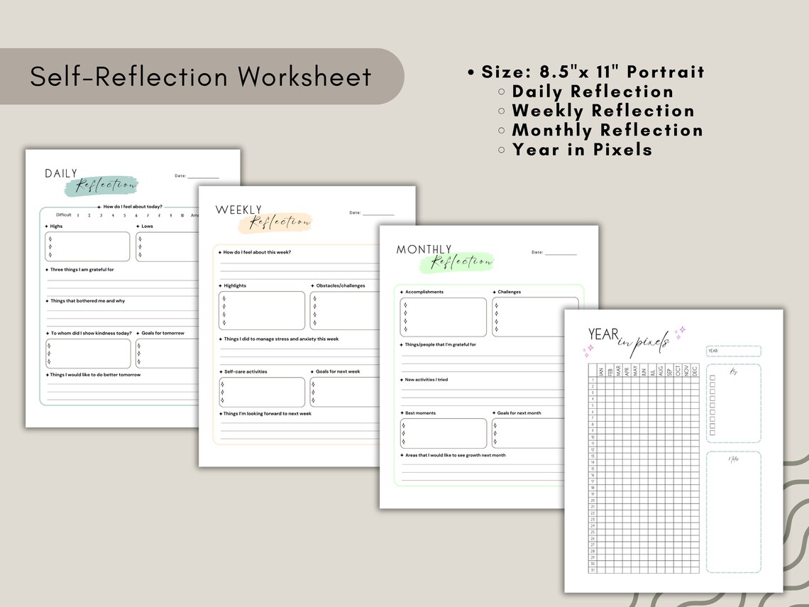 Self Reflection Worksheet Bundle Printable, Daily Weekly Monthly ...