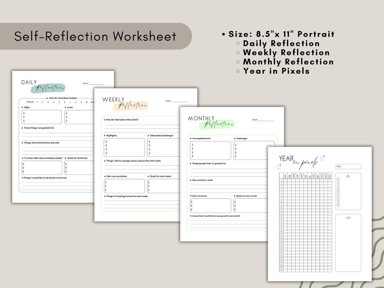 Self Reflection Worksheet Bundle Printable, Daily Weekly Monthly ...
