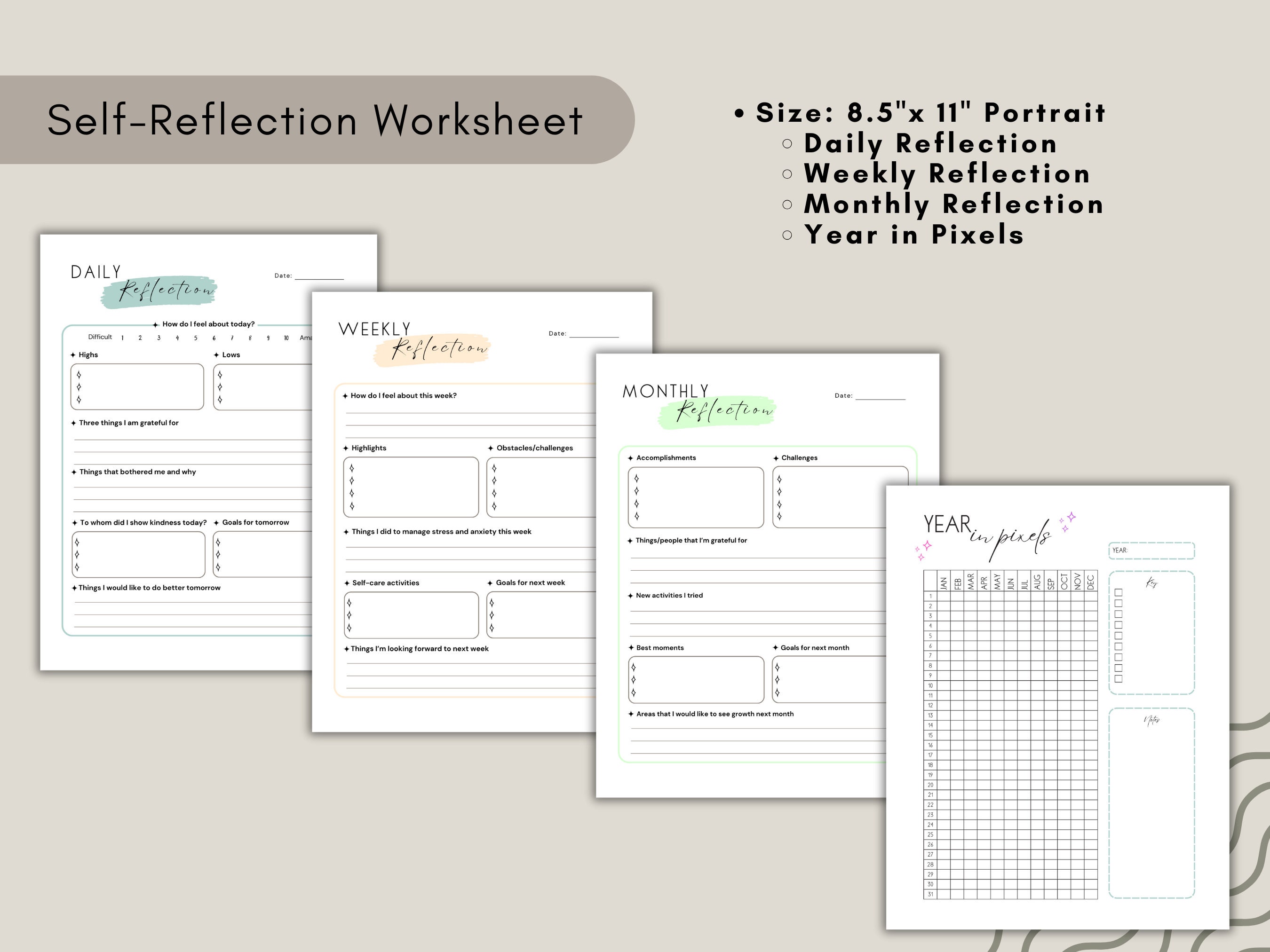 Self Reflection Worksheet Bundle Printable, Daily Weekly Monthly ...