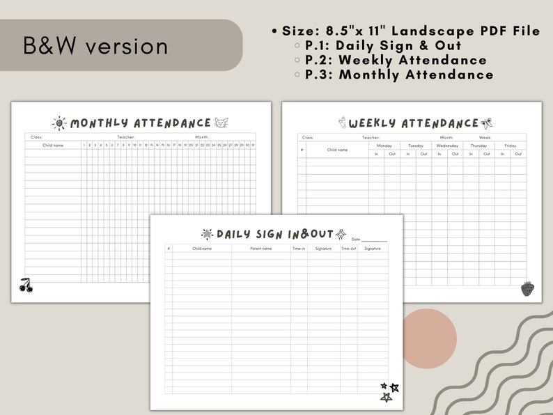 Daycare Attendance Sheet Bundle: Daily, Weekly, Monthly (printable PDF ...