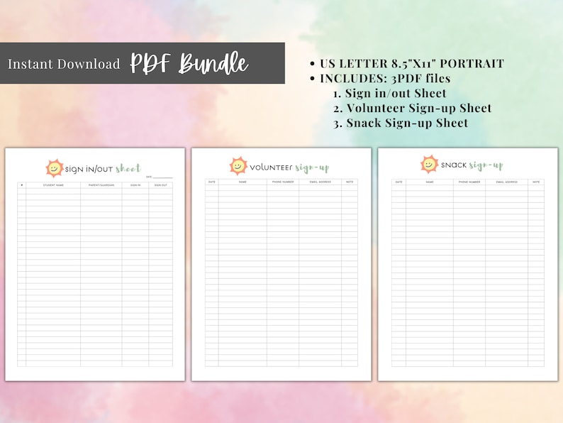 School Sign in and Out Sheet Printable Volunteer Sign up Sheet Snack ...