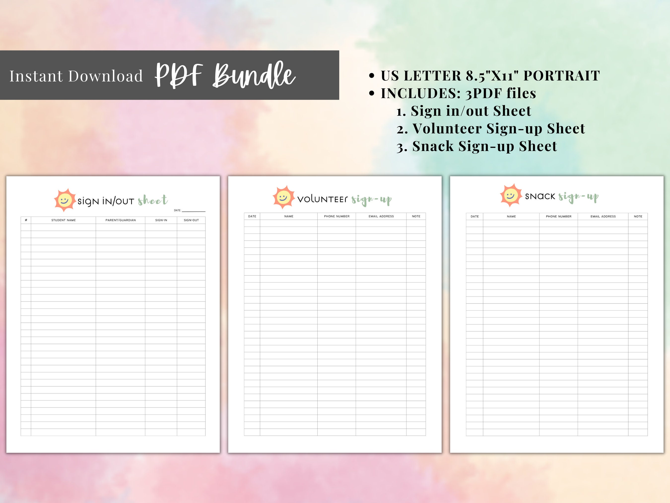 School Sign in and Out Sheet Printable Volunteer Sign up Sheet Snack ...
