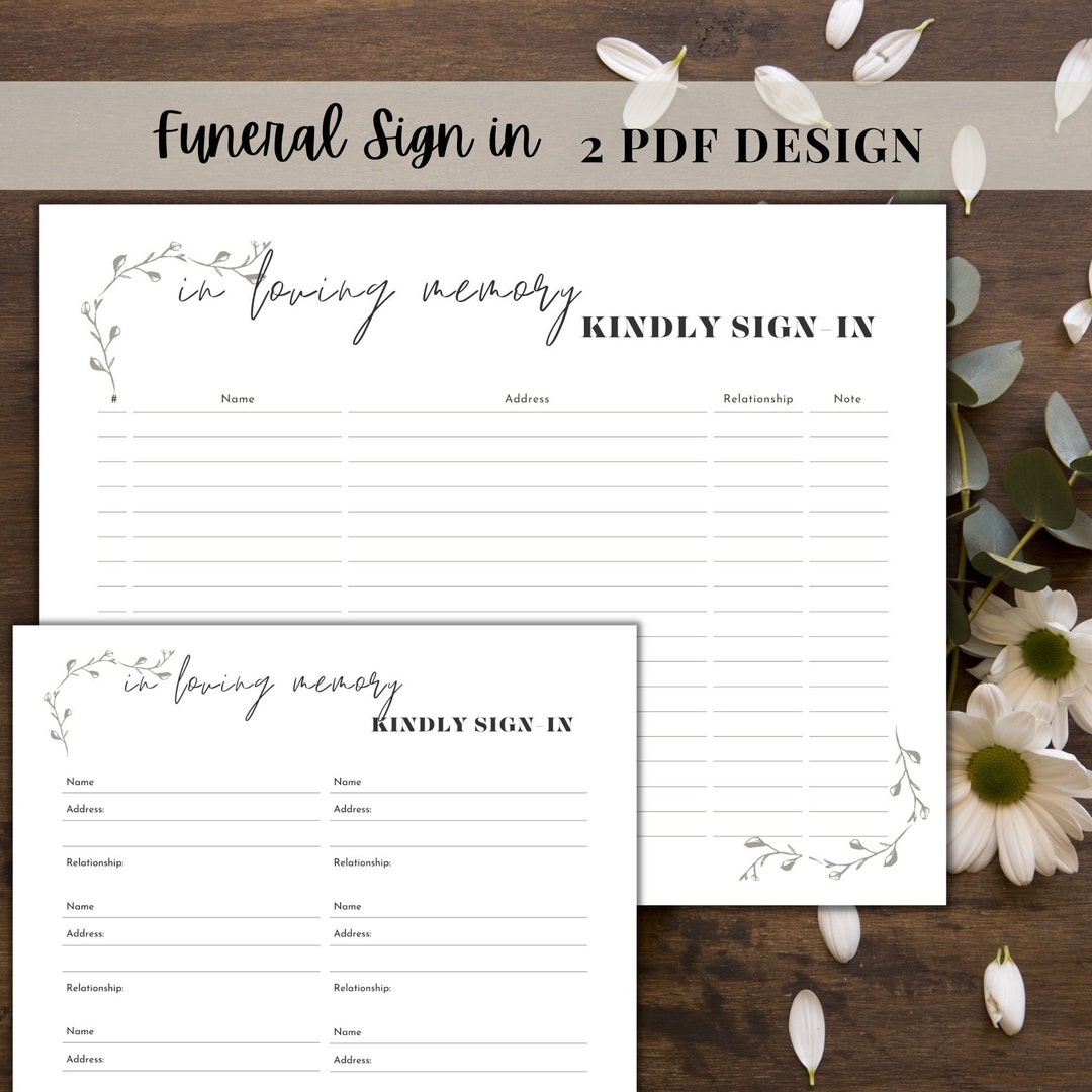 Funeral Sign in Sheet Printable Bundle Funeral Guest Check in - Etsy UK