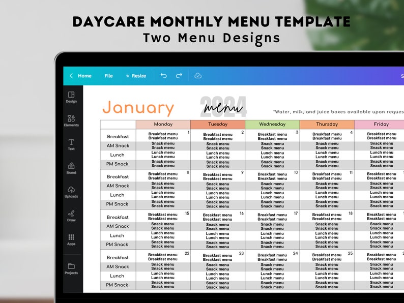 Daycare Monthly Meal Menu Template: Editable Calendar (canva) - Etsy