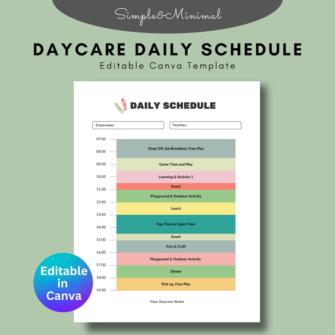 Daycare Daily Schedule Template, Simple Childcare (canva Editable, US ...