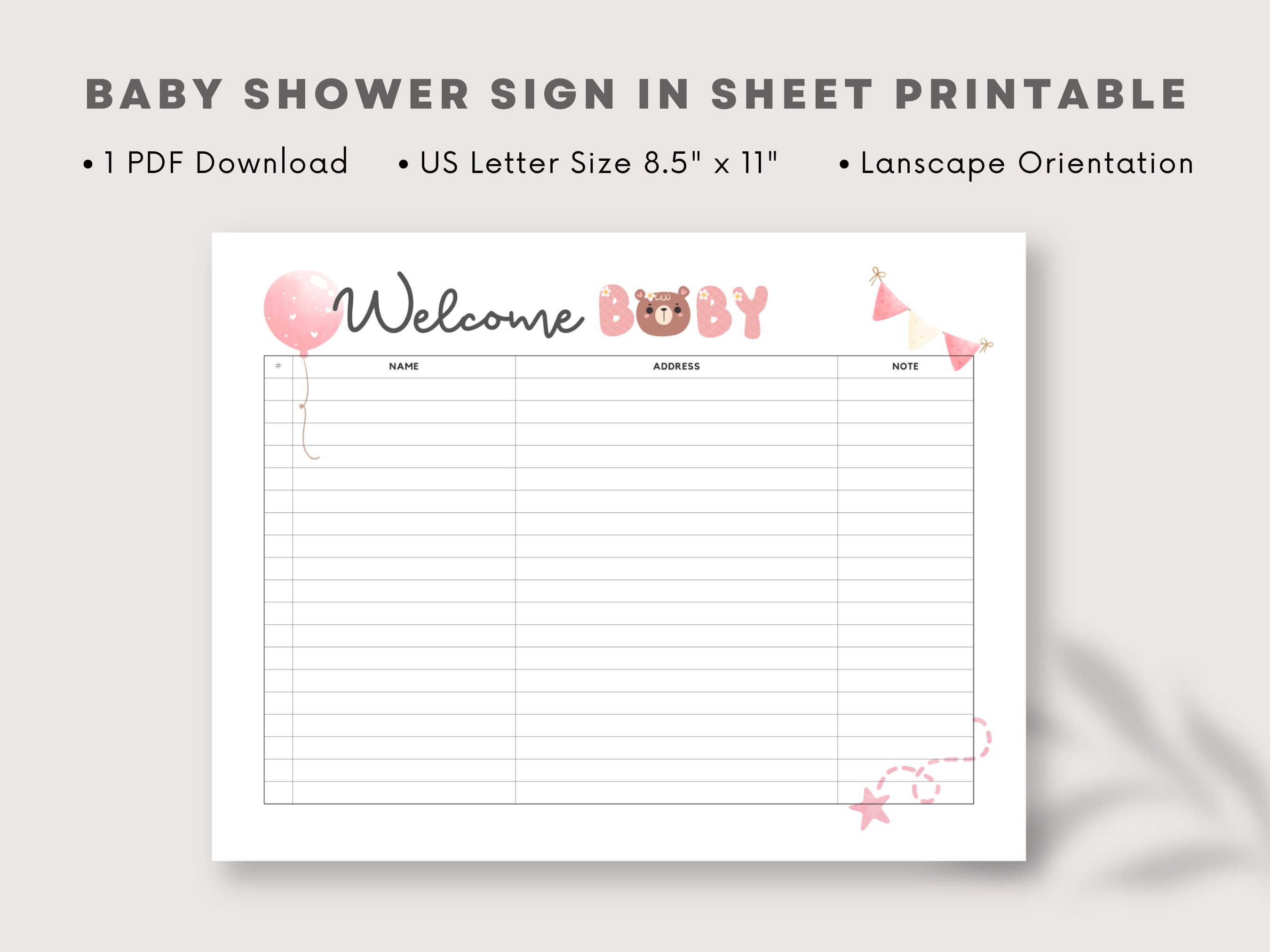 Baby Shower Guest Sign in Sheet Printable Pink Bear Theme Baby Shower ...