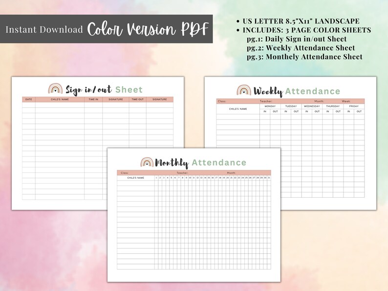 Daycare Attendance Sheet Bundle: Daily, Weekly, Monthly (printable PDF ...