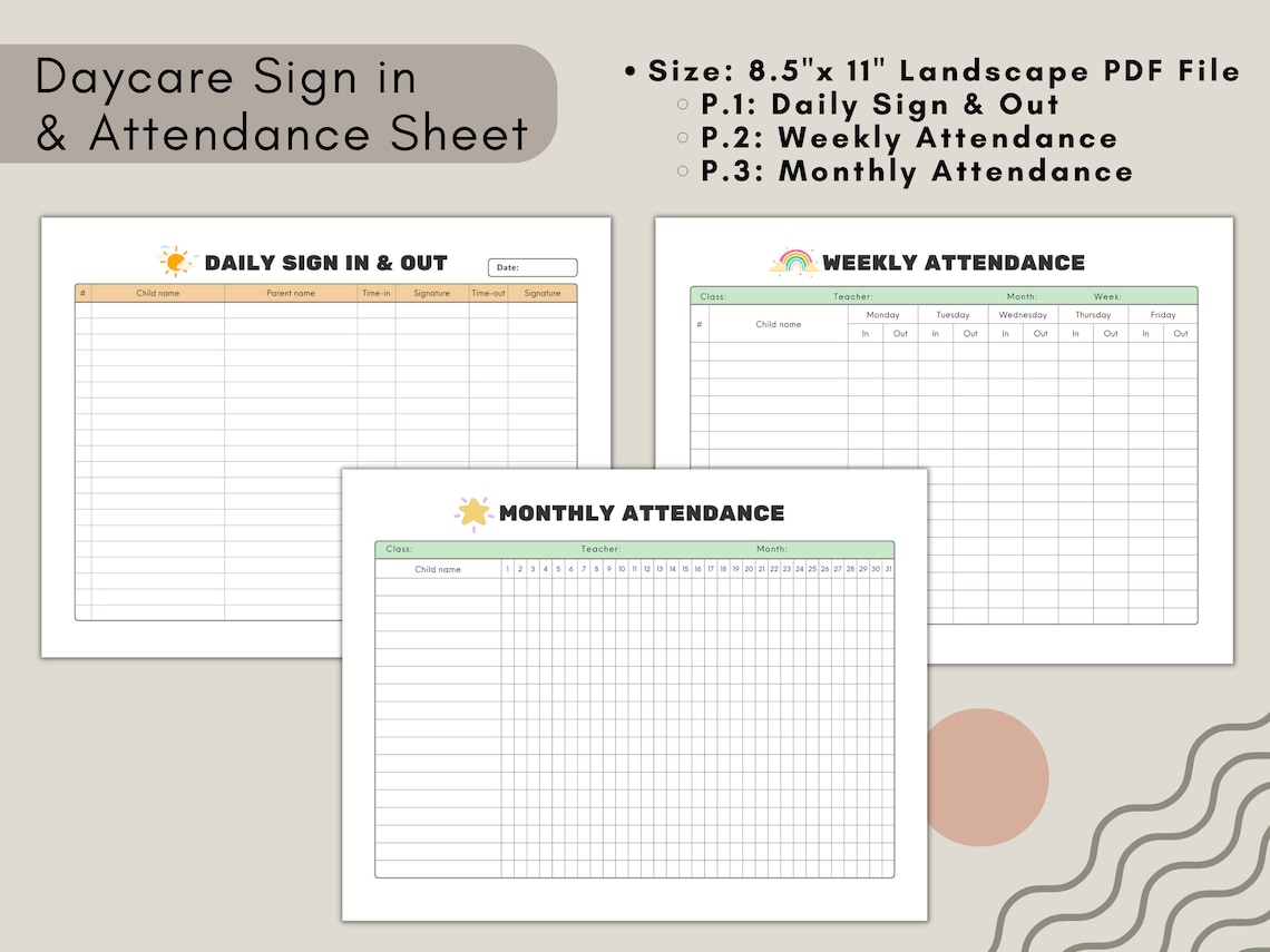 Daycare Form Bundle Printable Daycare Sign in and Out Weekly Attendance ...