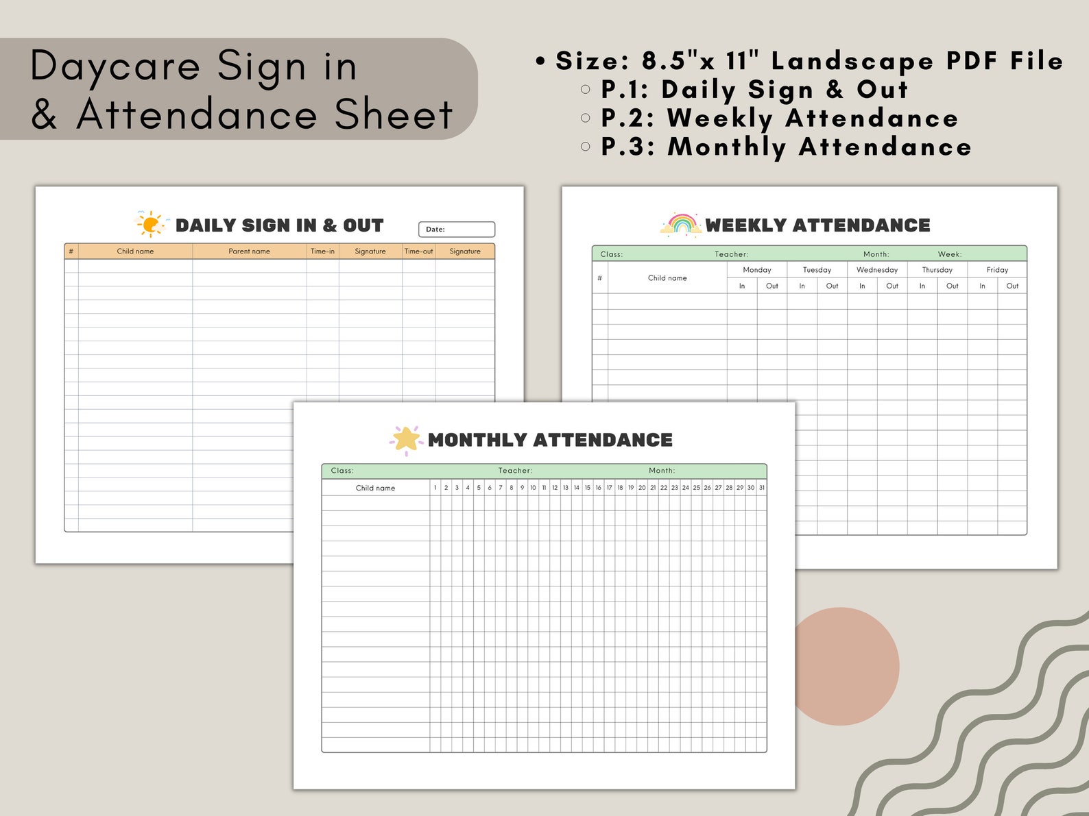 Daycare Form Bundle Printable Daycare Sign in and Out Weekly Attendance ...