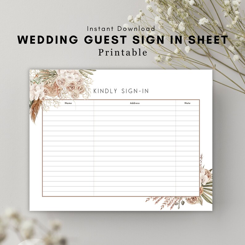 Wedding Guest Sign in Sheet Printable Instant Download Floral ...