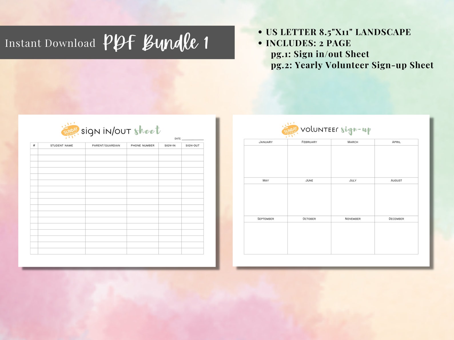 Sunday School Sign in and Out Sheet Printable Bundle for Church Monthly ...