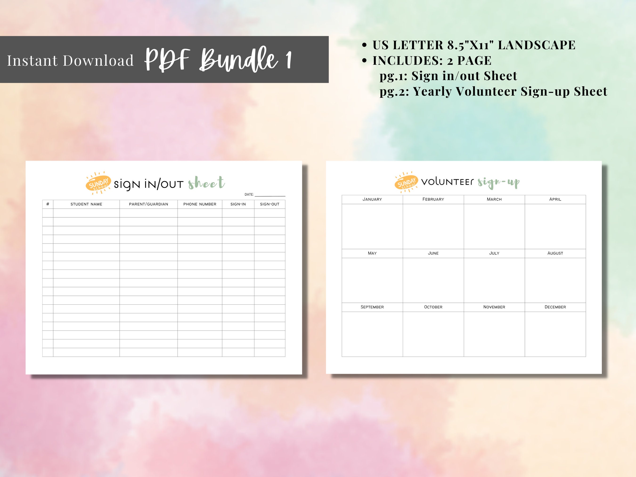 Sunday School Sign-in/out Sheet Bundle: Attendance & Volunteer Forms ...