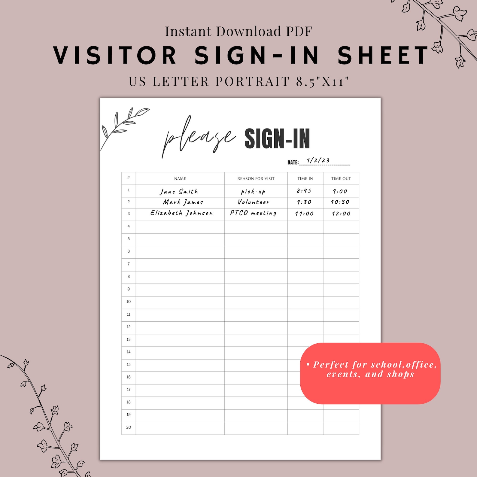 Visitor Sign in Sheet Printable Modern Guest Check in Sheet - Etsy