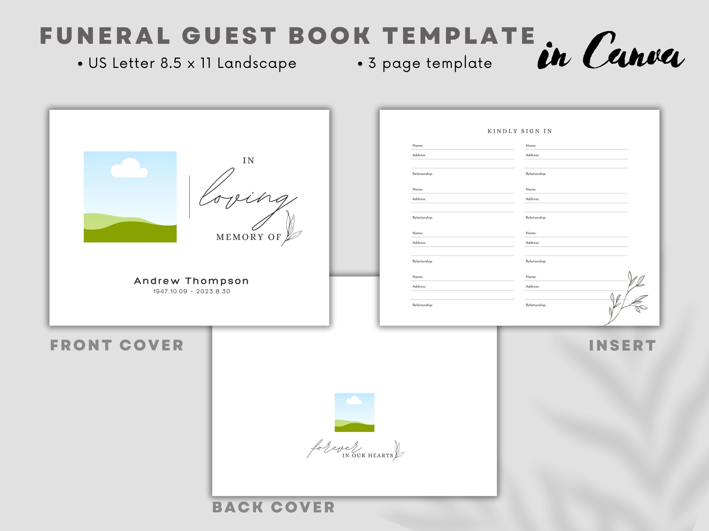 DIY Funeral Guest Book Template: Canva Sign in (8.5" X 11" Landscape ...